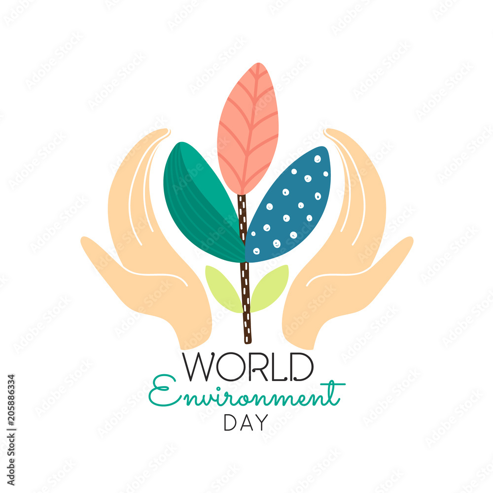 World environment day concept. Human hands holding abstract plant. Save ...