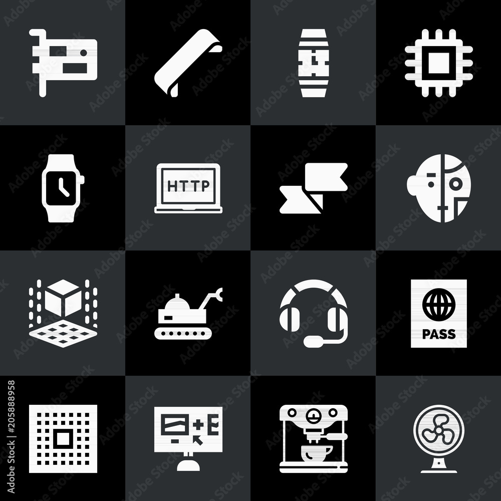 Filled technology 16 vector icons set. 16 icons page symbol for your ...