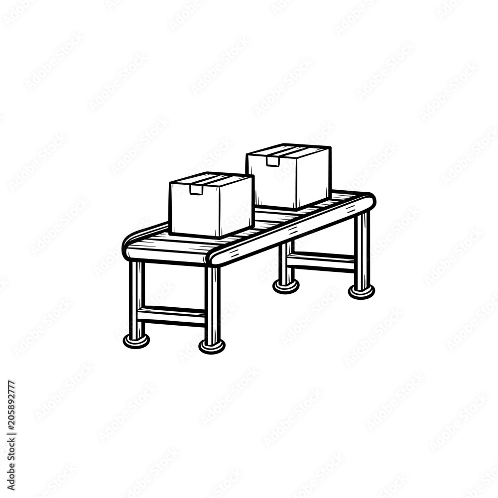 Conveyor belt with cardboard boxes parcels hand drawn outline doodle ...