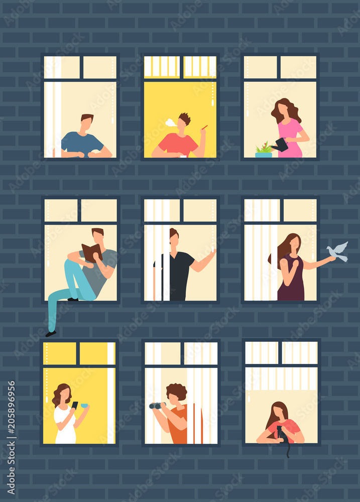 Neighbors cartoon people in apartment house windows. Neighborhood ...