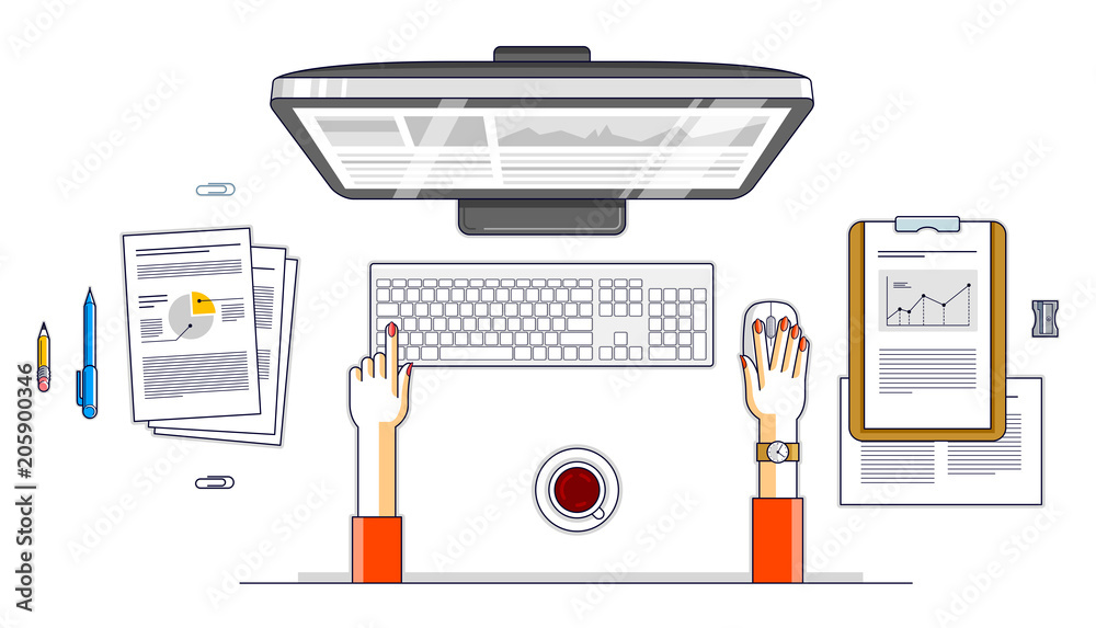 Office desk workspace top view with hands of office employee or ...