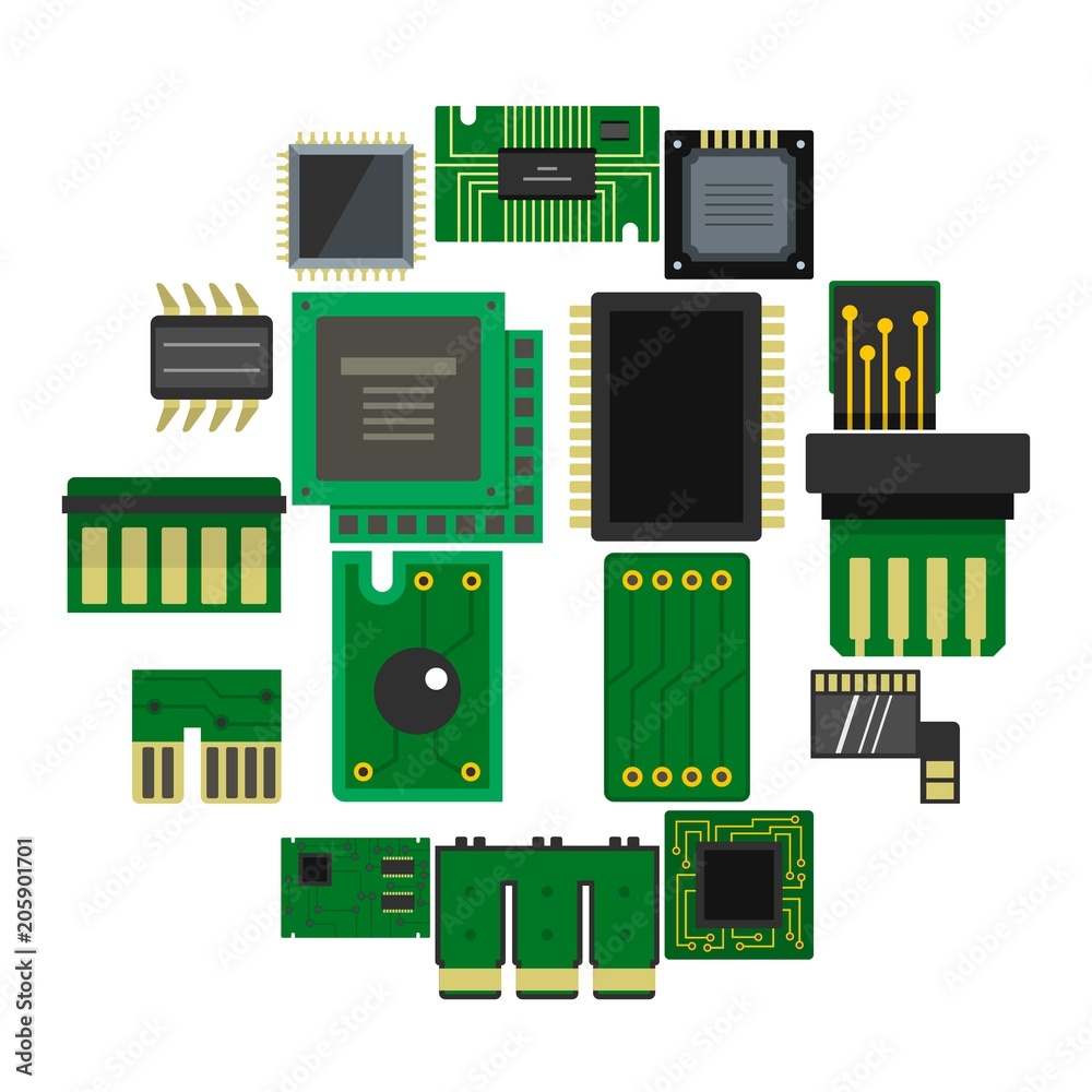 Computer chips icons set in flat style isolated vector illustration ...