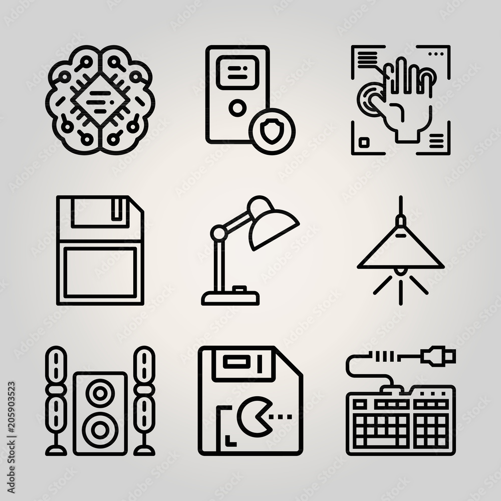 Outline technology 9 vector icons set. 9 icons page symbol for your web ...