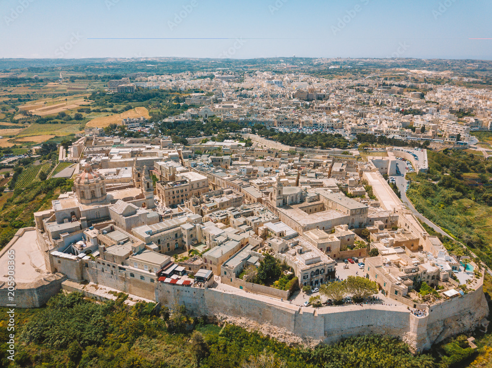 Aerial view of the fortified capital city of Malta, The Silent City ...