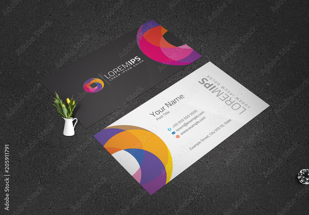 Business Card Layout with Colorful Orb Elements Stock Template | Adobe ...
