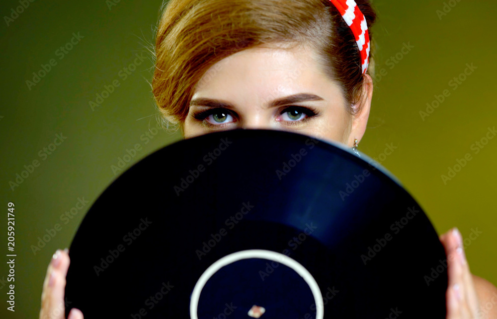 Retro woman with music vinyl record. Pin-up retro female style. Pin-up ...
