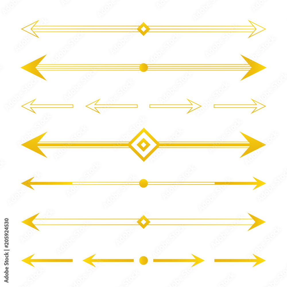 Set, collection of golden arrow borders, dividers, design elements ...