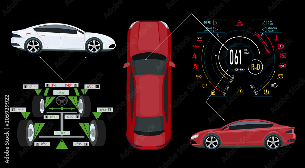 Car service. Digital automotive dashboard of a modern car. Graphic ...