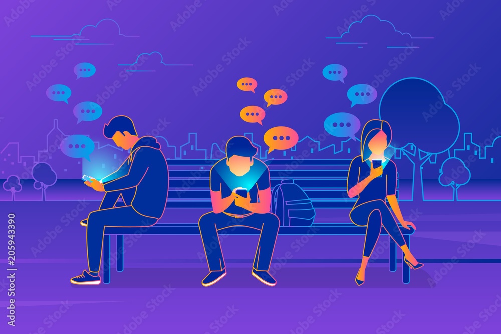 Young people sitting in the park and texting messages in chat using ...