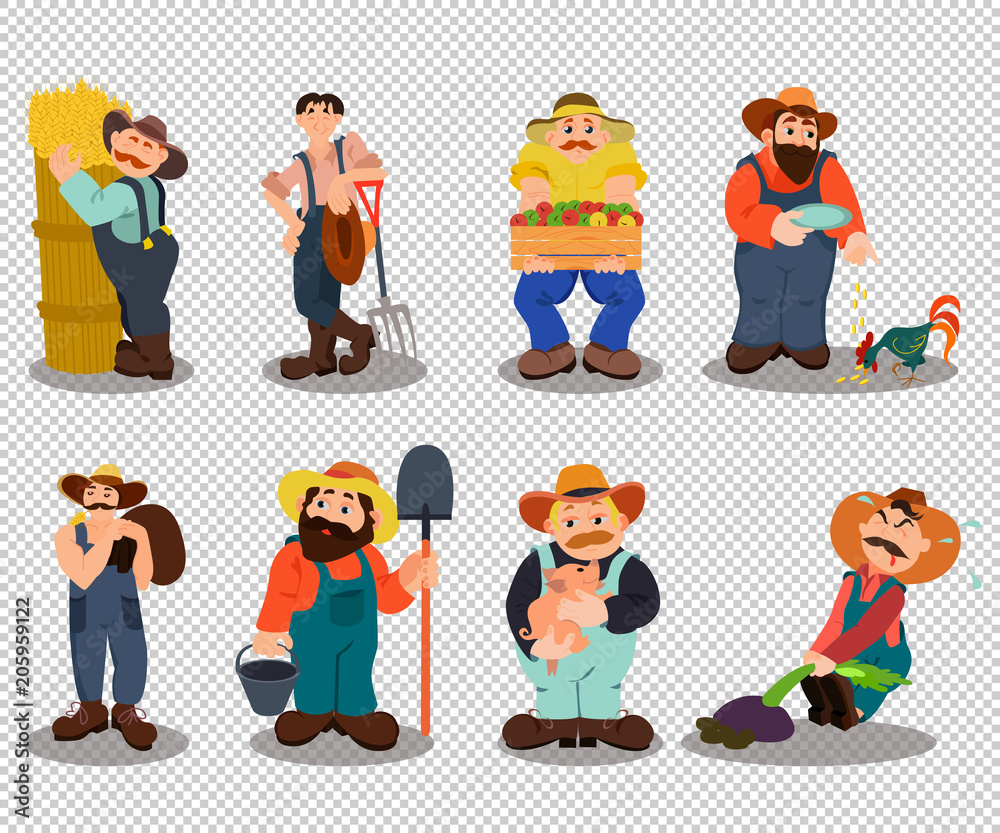 Set of farmers. Farmer with shovel, rake in wheat field working ...