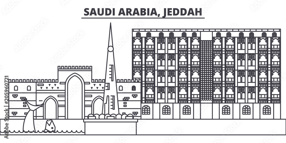 Saudi Arabia, Jeddah line skyline vector illustration. Saudi Arabia ...