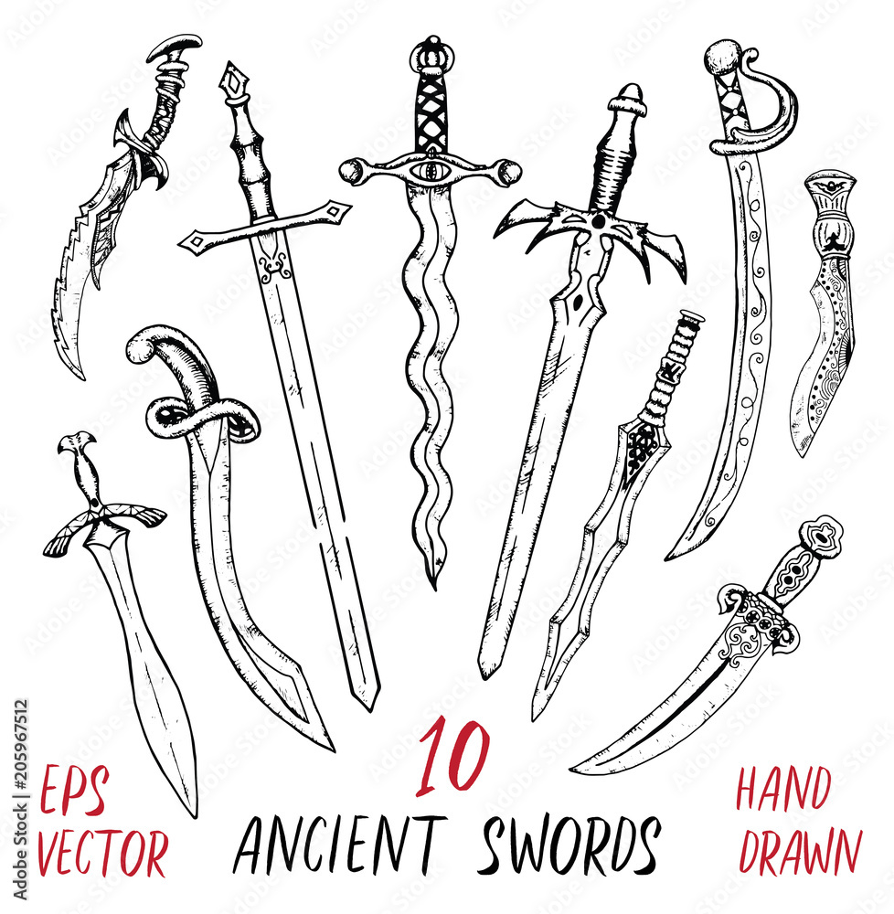 Vintage collection with ancient swords isolated on white. Hand drawn ...