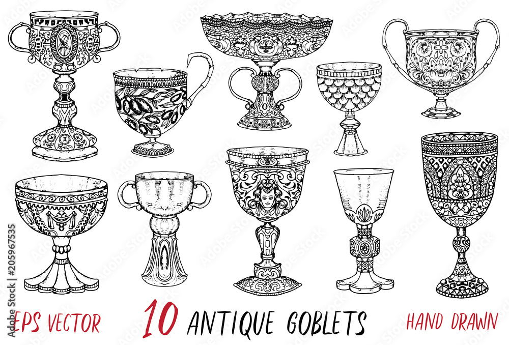 Vintage collection with ten antique goblets. Hand drawn doodle engraved ...