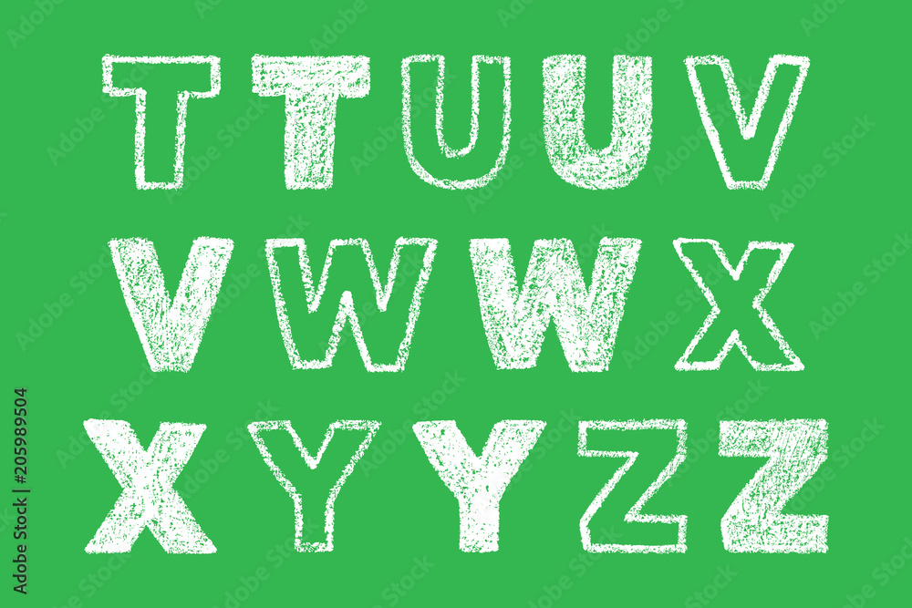 handwritten white bold chalk letter t, u, v, w, x, y, z on green ...