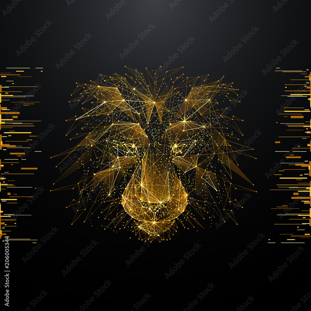 Lion. Low poly wireframe illustration of lion's head in gold style ...