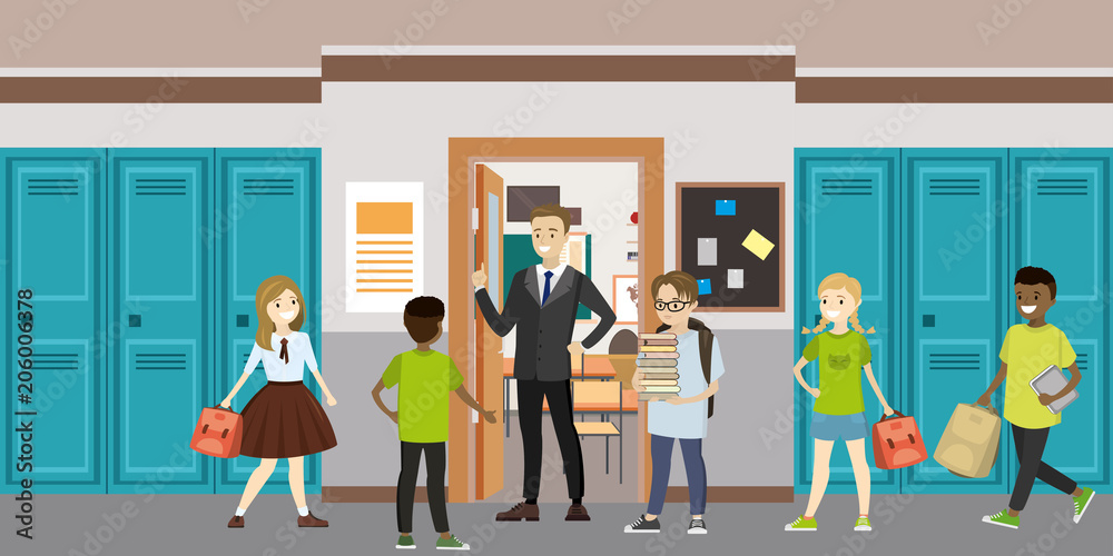 Cartoon School interior,Male teacher and different students Stock ...