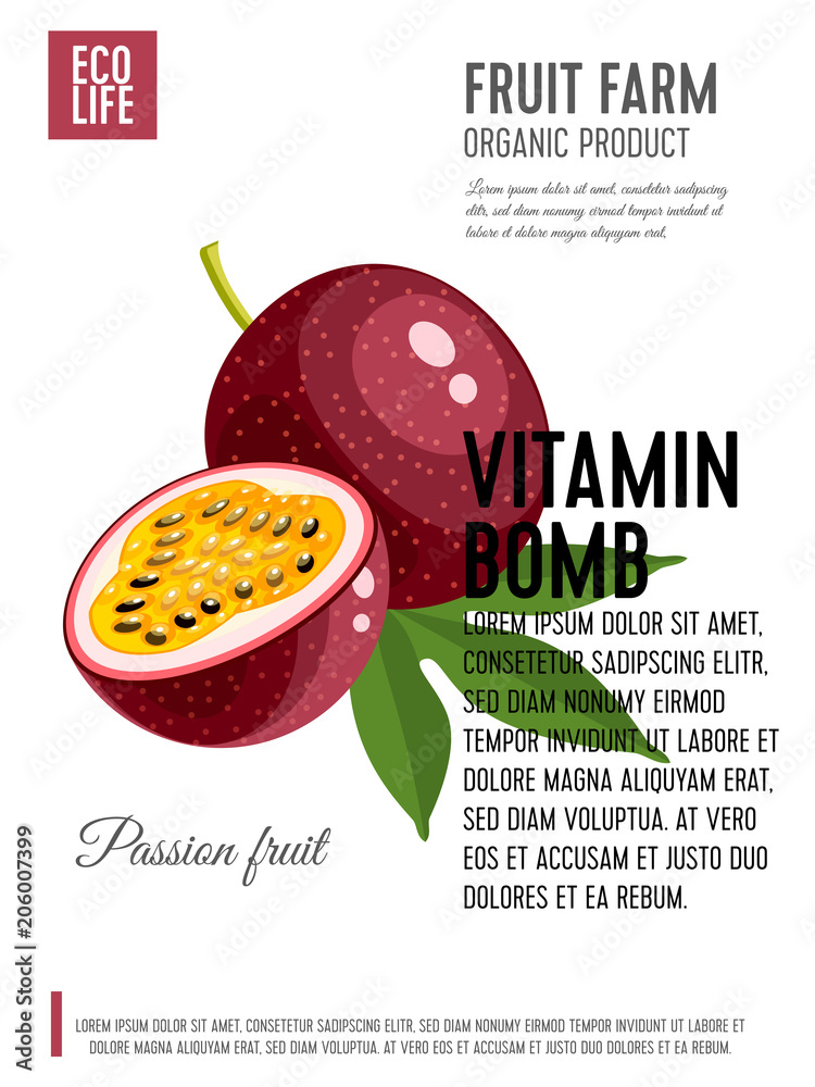 Packaging label. Concept design with inscription. Passion fruit. Vector ...