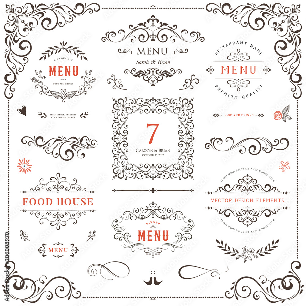 Ornate design elements set. Table numbers, wedding and restaurant menu ...