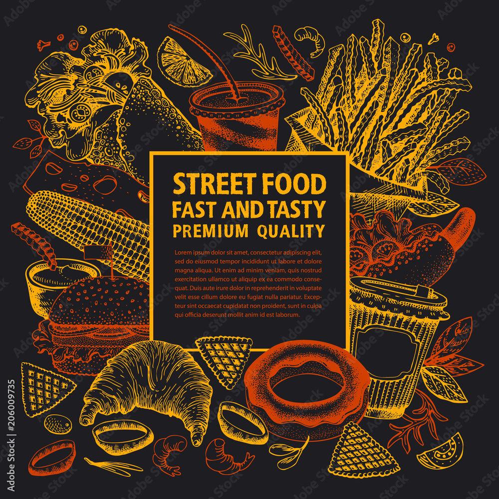 Fast food hand drawn vector illustration. Street food banner design ...