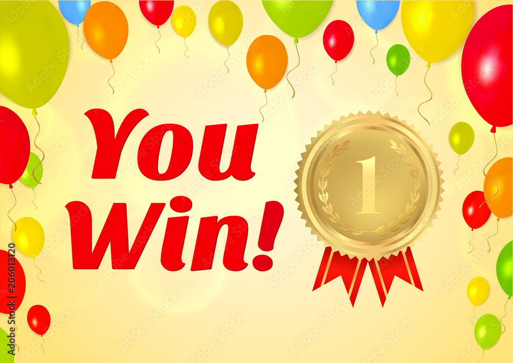 Celebration Win banner with gold emblem, medal (first place), red gift ...