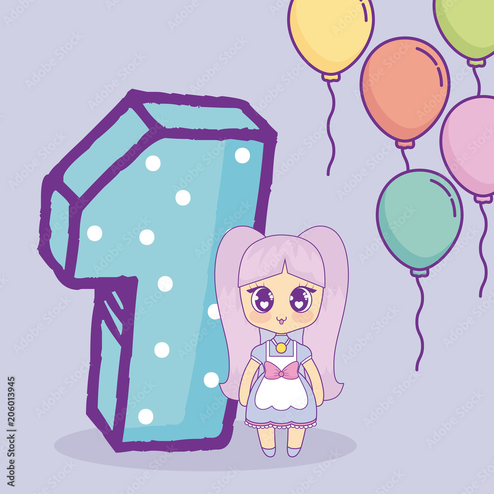 Happy birthday design with Kawaii Anime girl and number 1 over purple ...