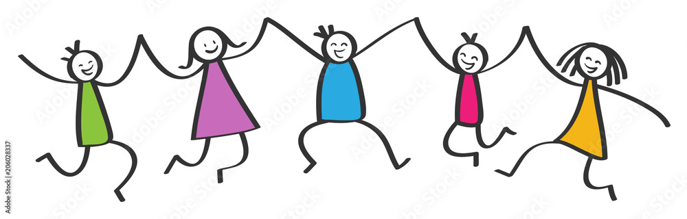 Vetor de Kinder springen hoch, fünf Mädchen und Jungen mit bunter ...