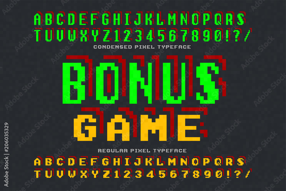 Pixel vector font design, stylized like in 8-bit games Stock Vector ...