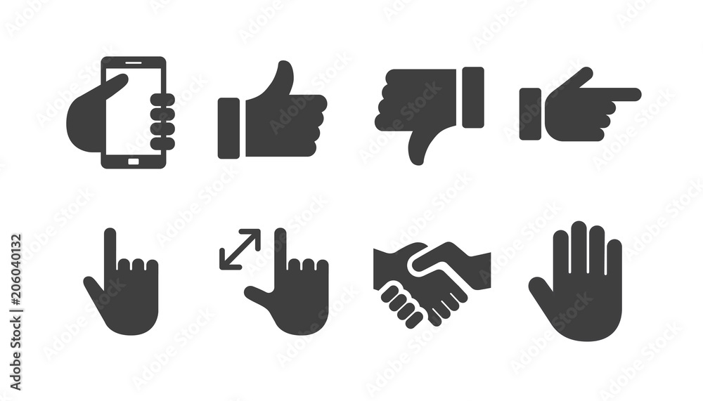 Icon pictogram set of hands with technology symbol, okay sign and ...
