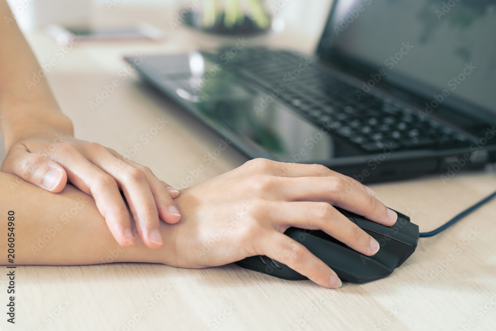 woman wrist arm pain long use mouse working. office syndrome healthcare ...