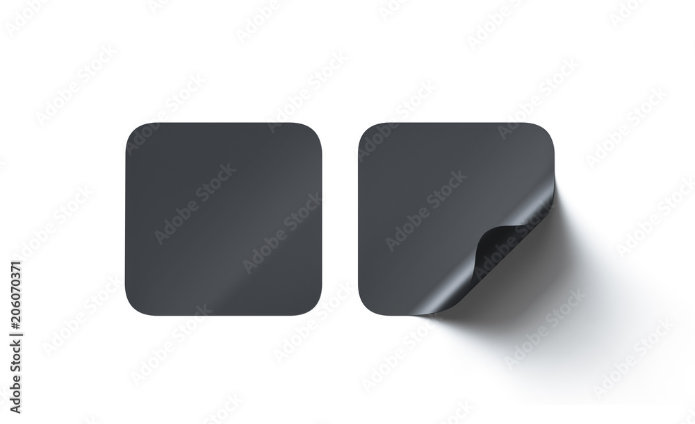 Blank black square adhesive stickers mock up with curved corner, 3d ...