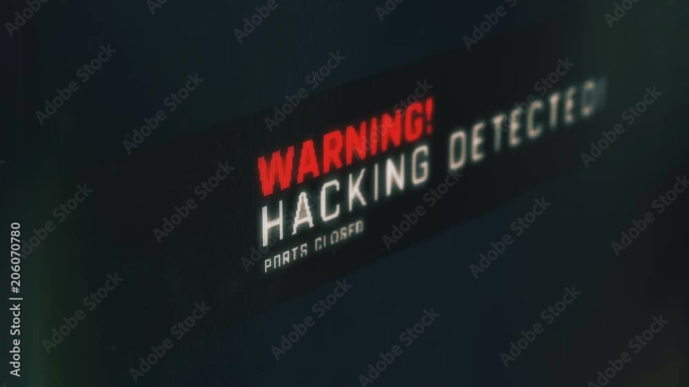 Hacking detected message on screen, vulnerability found, system breach, warning. Computer ...