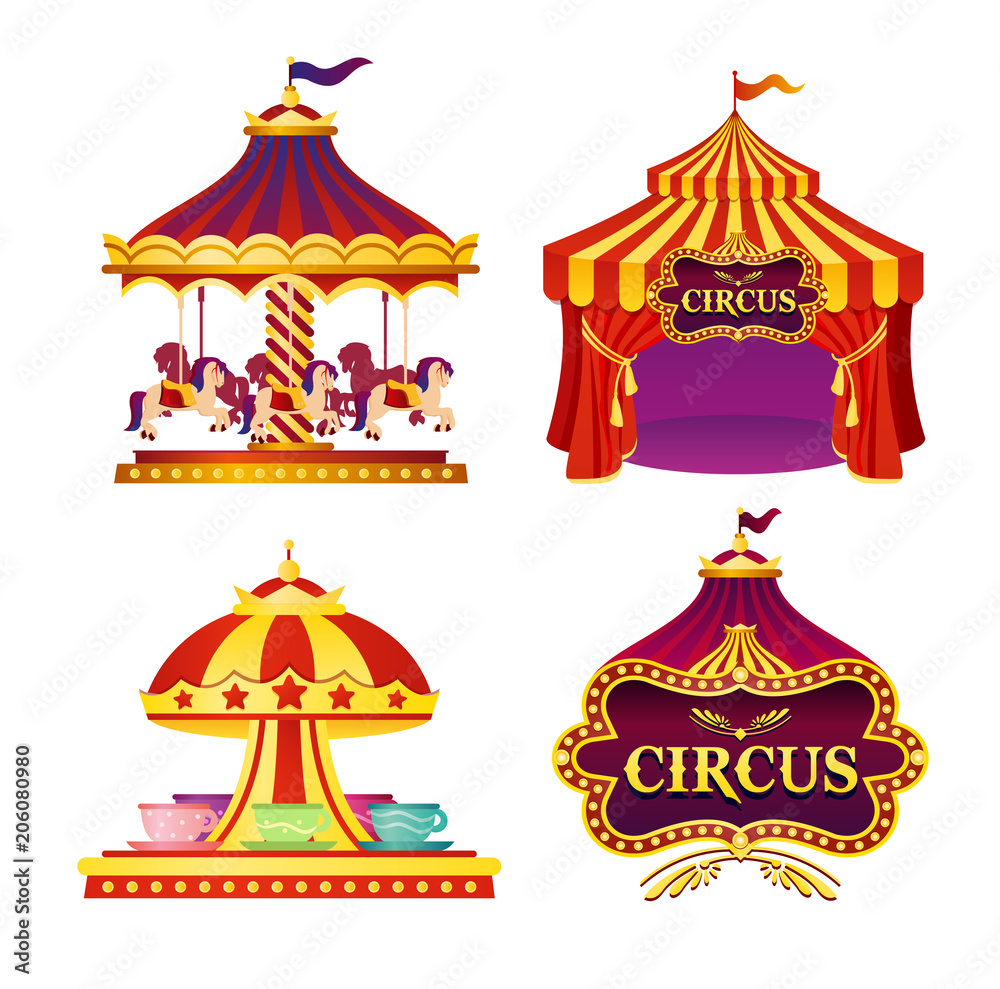 Vector illustration set of carnival circus emblems, icons with tent ...