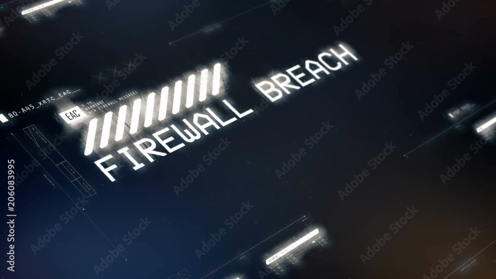 Warning, firewall breach, system message on screen, hacking detected ...