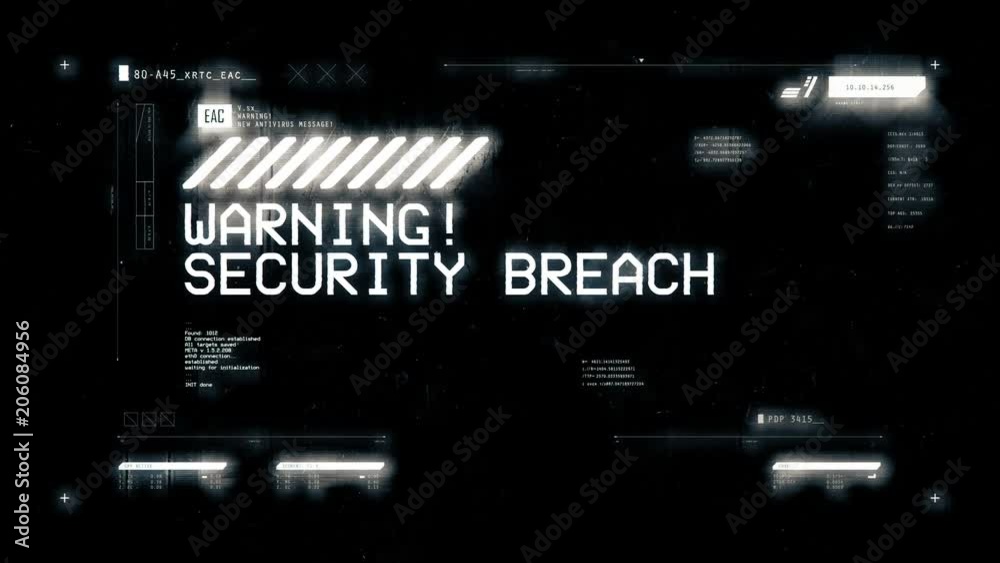 Warning, security breach, system notification on screen, hacking ...