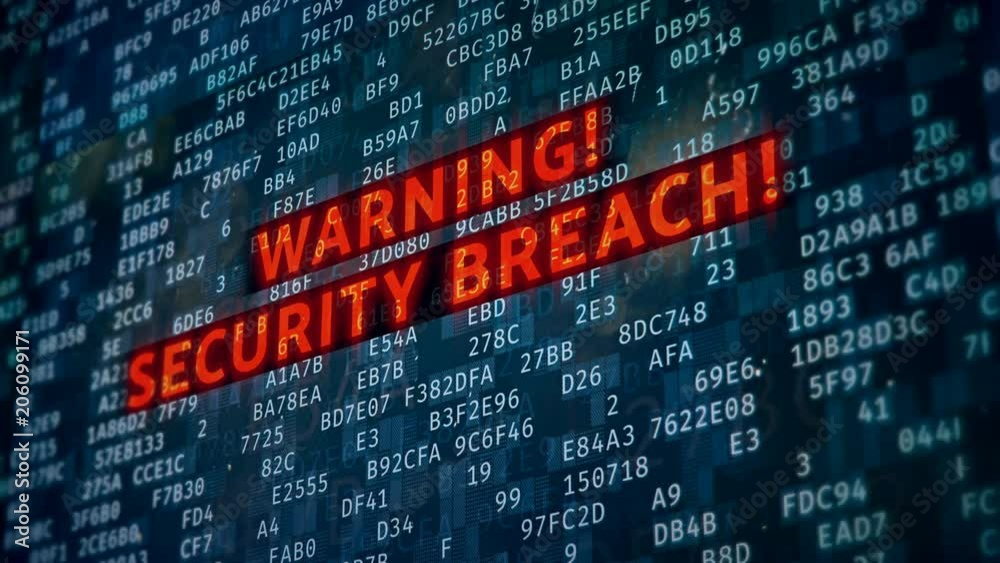 Security breach, red text on screen, system under attack, hacking background. Computer ...