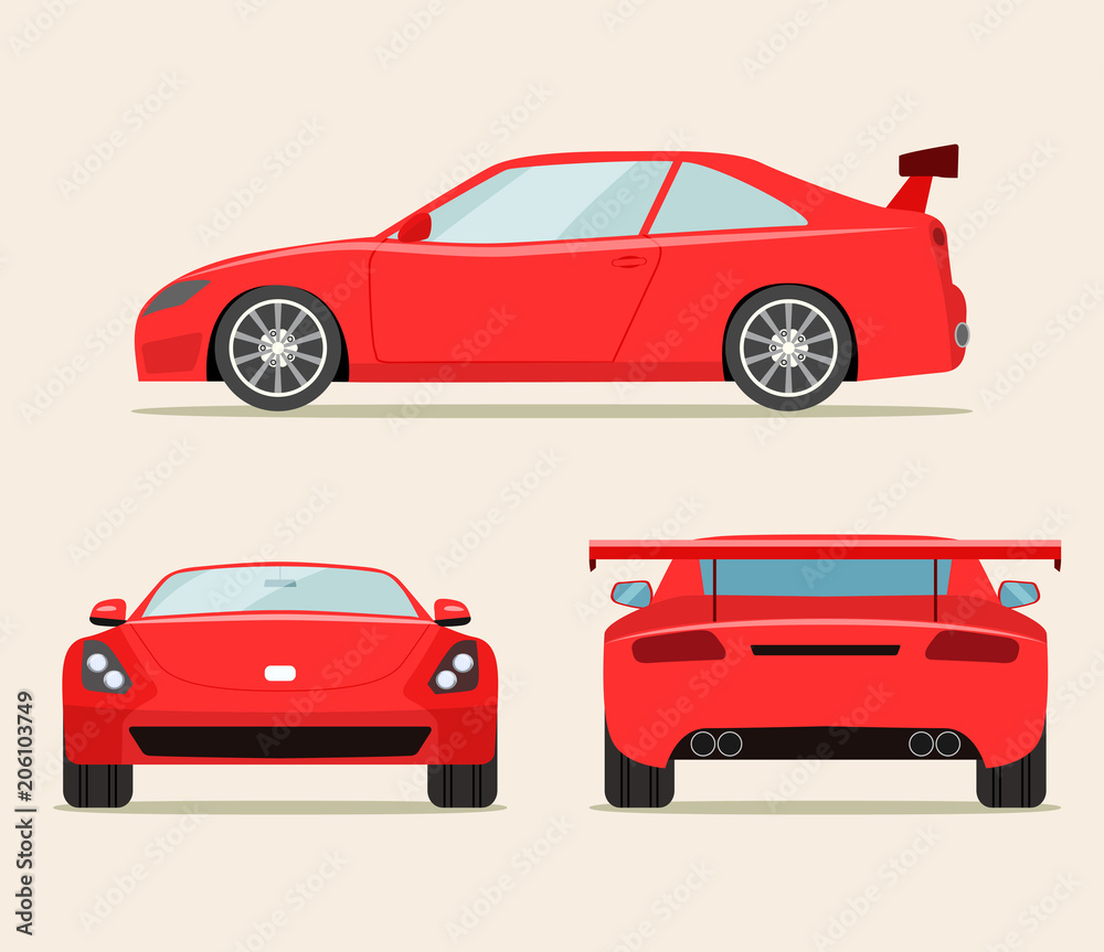 Sport red car three angle set. Car front, side and rear view. Vector ...