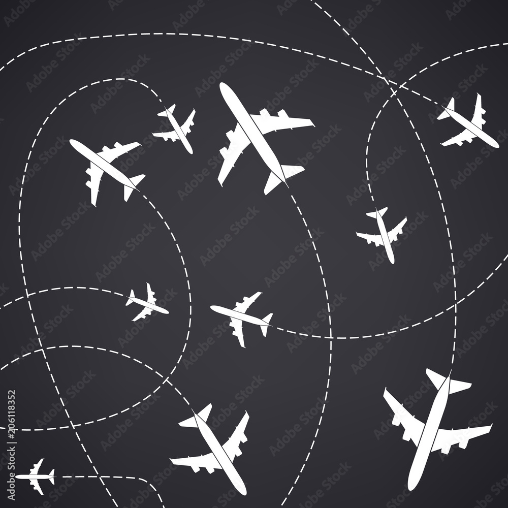 Creative vector illustration of plane with dashed path lines isolated ...