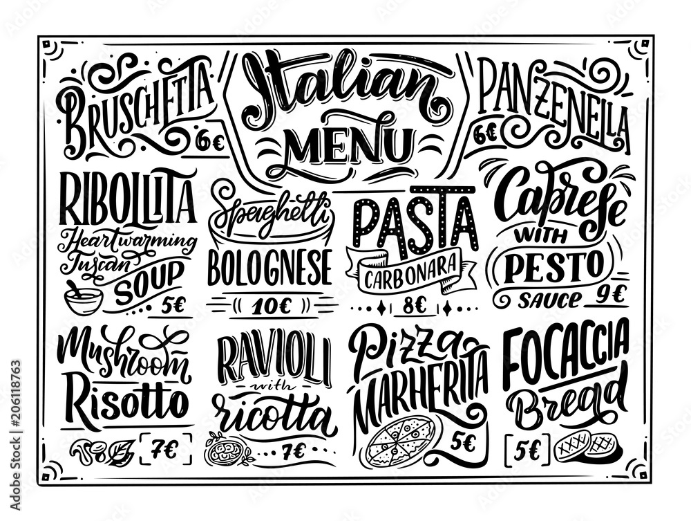 Italian food menu - names of dishes. Lettering phrases for your design ...