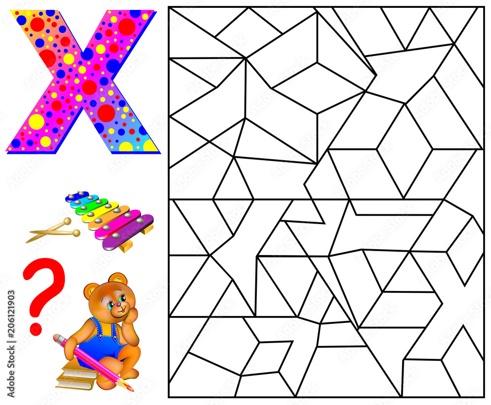 Educational page with letter X for study English letters. Logic puzzle ...