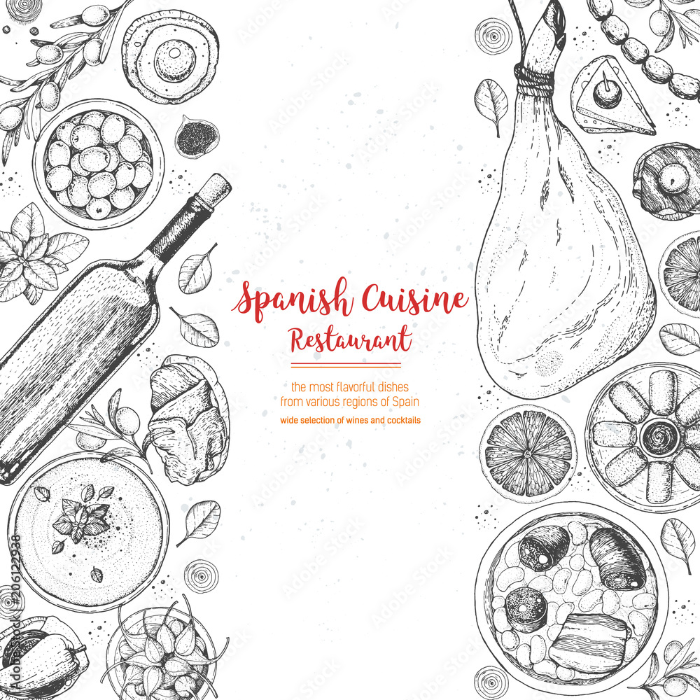 Spanish cuisine top view. A set of spanish dishes with jamon, fabada ...