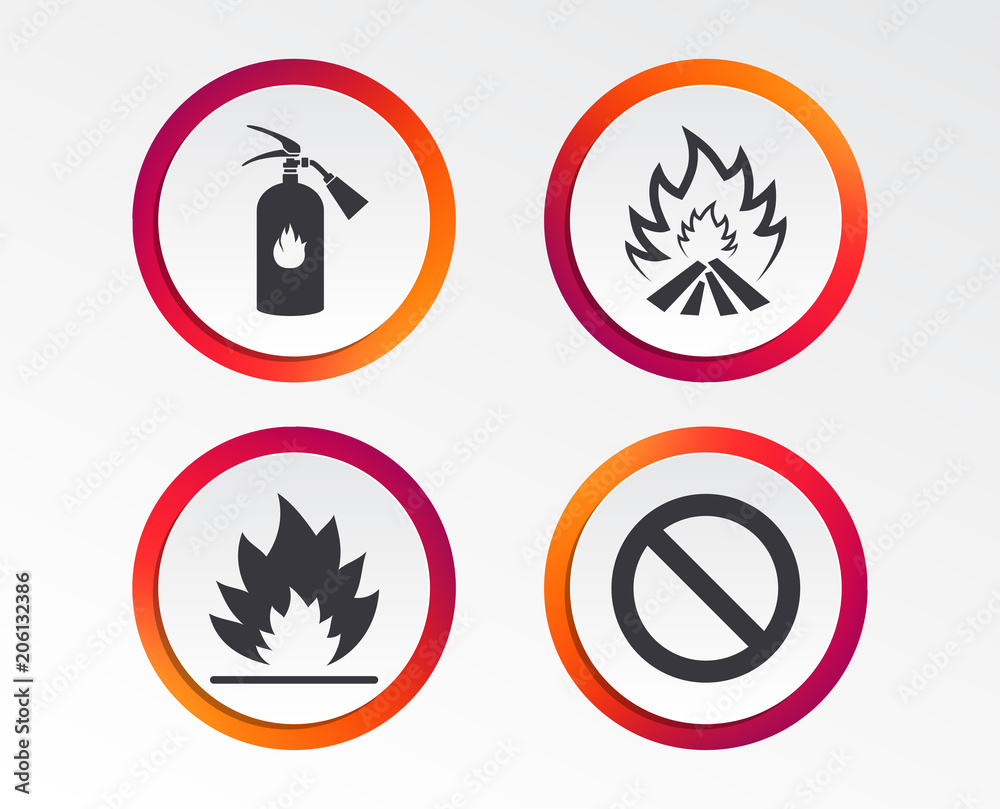 Fire flame icons. Fire extinguisher sign. Prohibition stop symbol ...