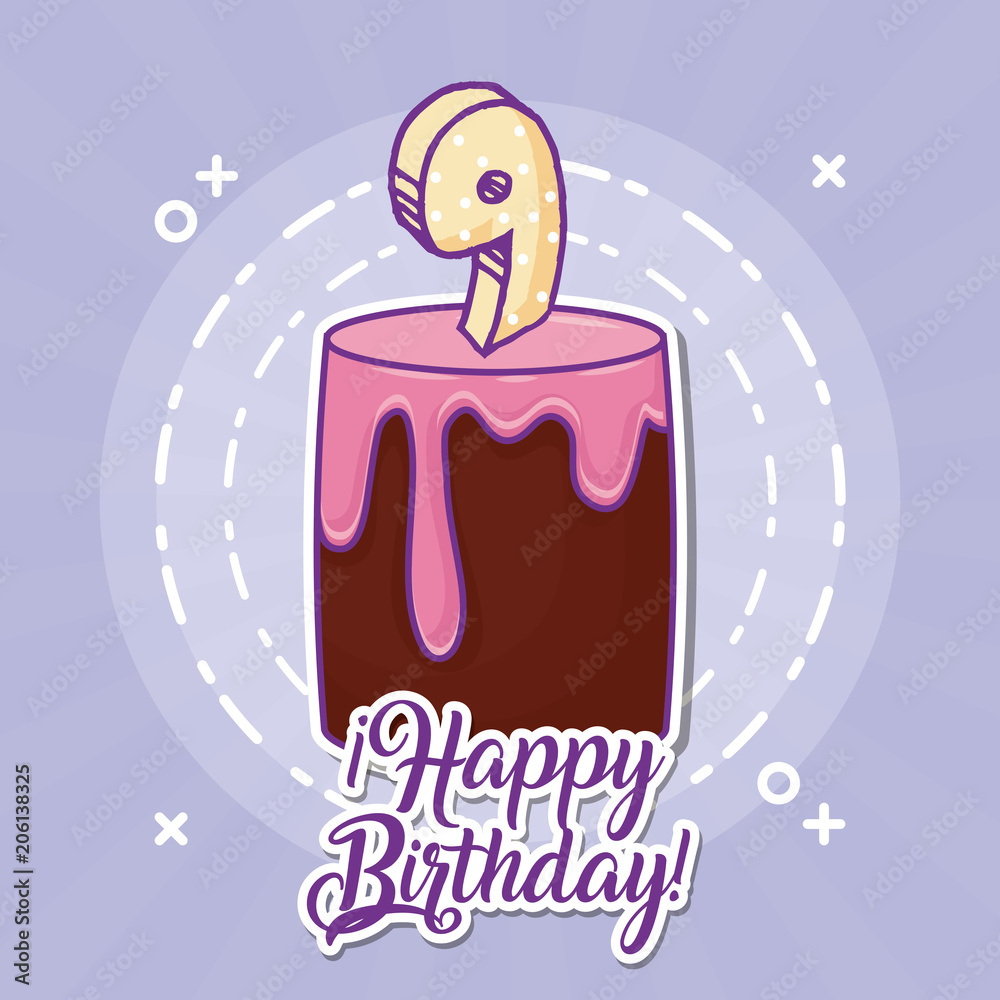 Happy birthday design with birthday cake with 9 number candle over ...