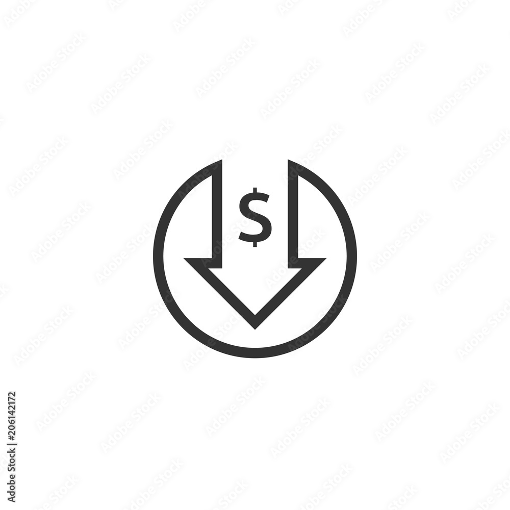 dollar decrease icon. Money symbol with arrow stretching rising drop ...
