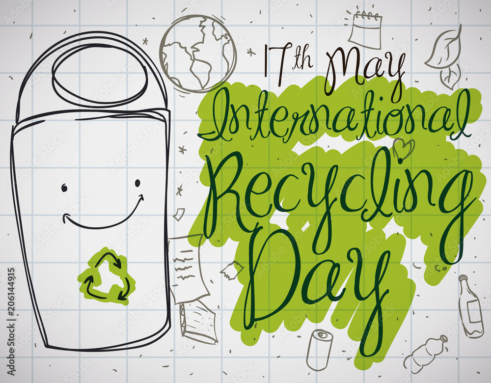 Cute Doodle Drawings with Recycle Bin for Recycling Day, Vector ...