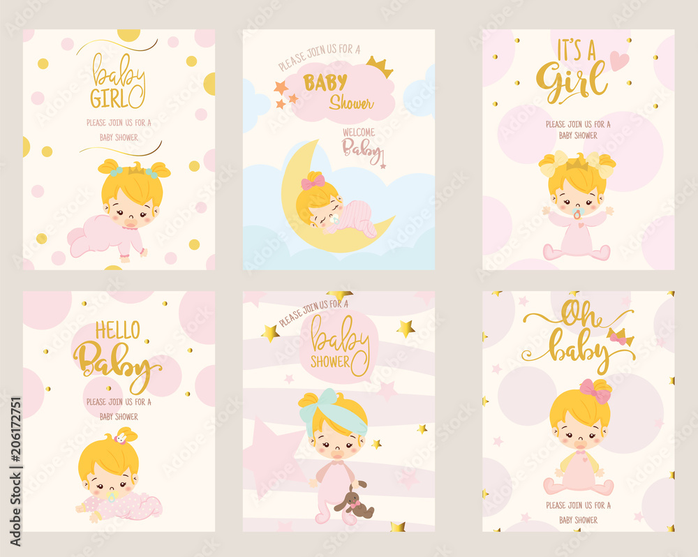 cute girl for baby shower invitation card design template Stock Vector ...