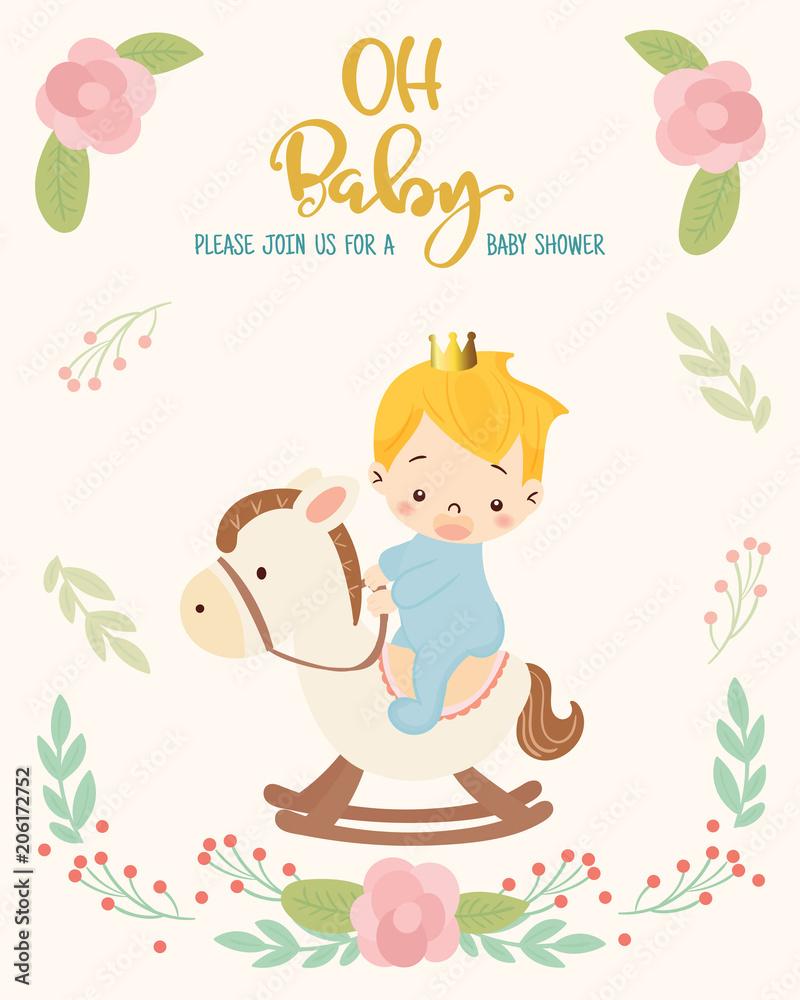 cute baby boy play rocking horse design element, baby shower greeting ...