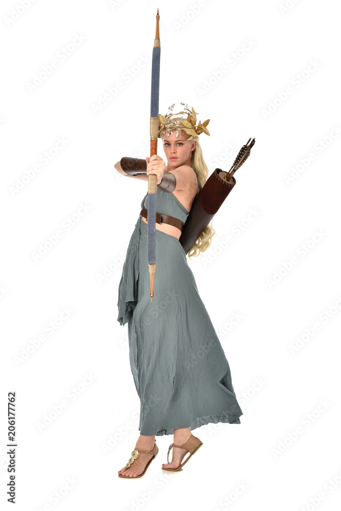 full length portrait of pretty blonde lady wearing fantasy toga gown ...