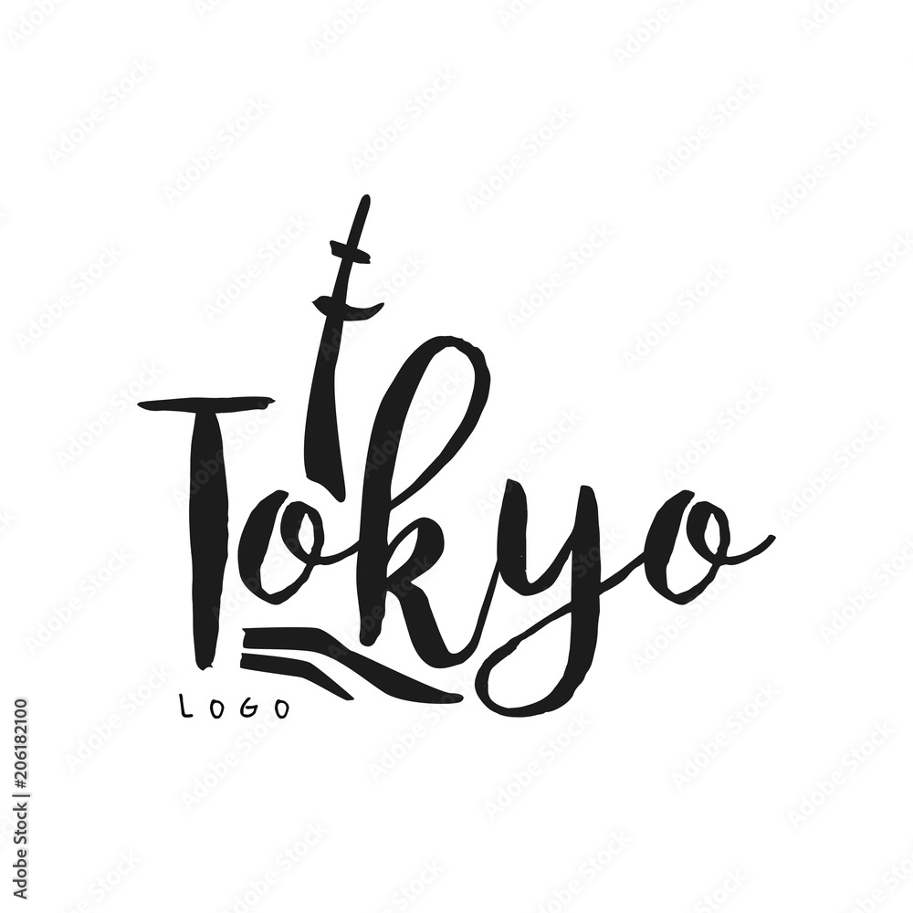 Tokyo city name logo, black ink hand written inscription, typography ...
