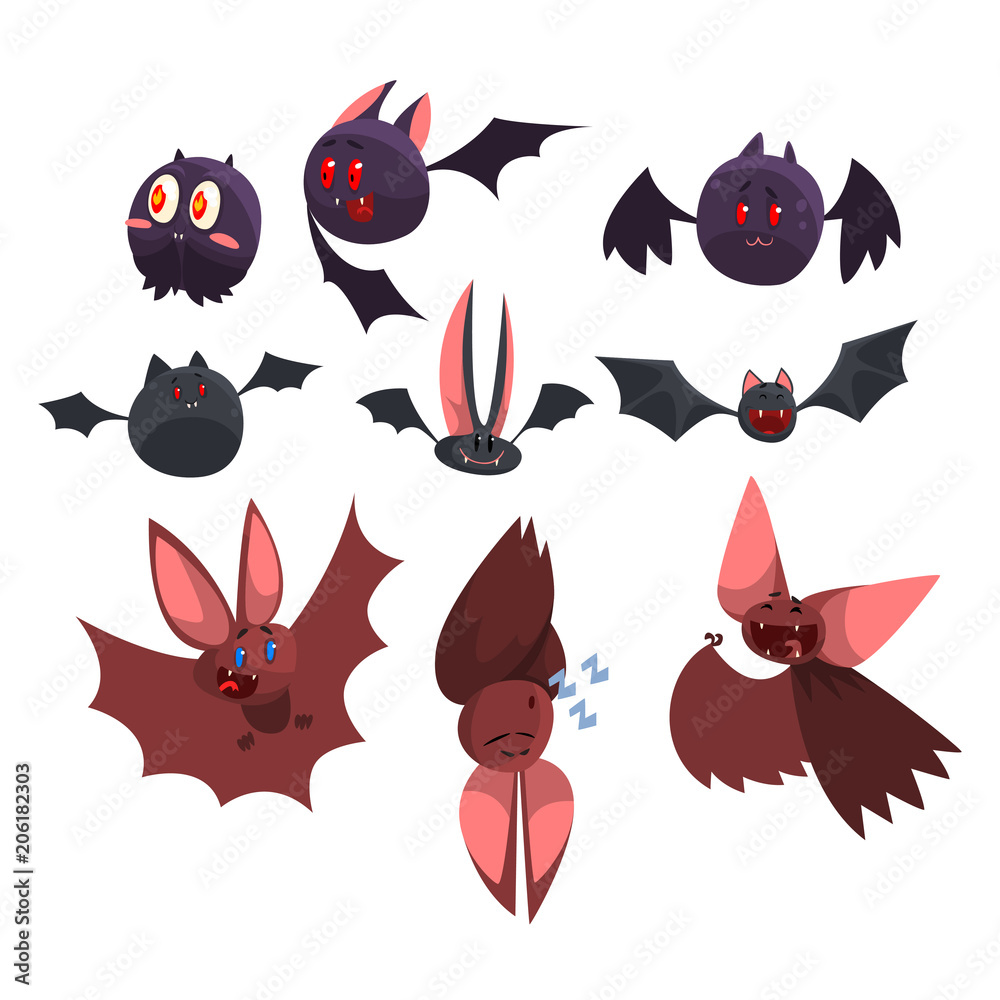 Vampire bat cartoon characters set, funny bats with different emotions ...