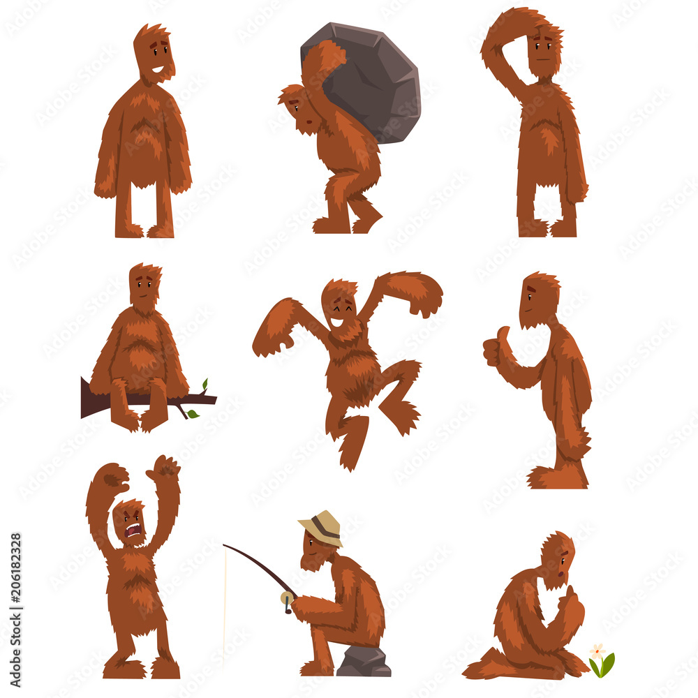 Funny bigfoot cartoon character set, mythical creature in different ...